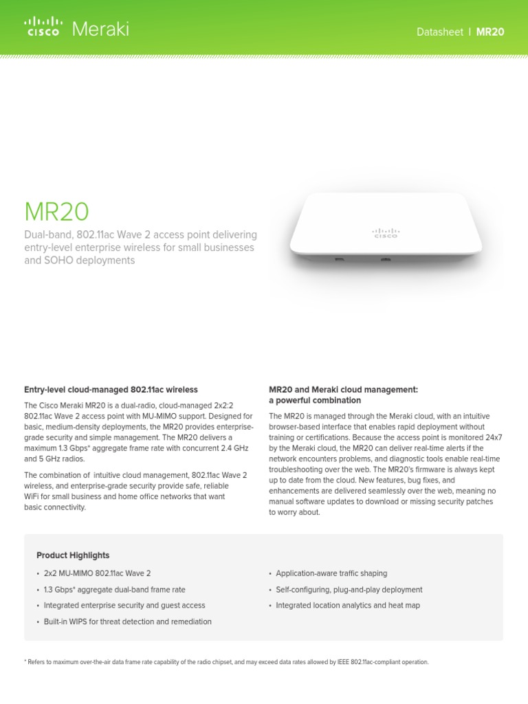 Meraki Datasheet MR20 | PDF | Ieee 802.11 | Computer Network