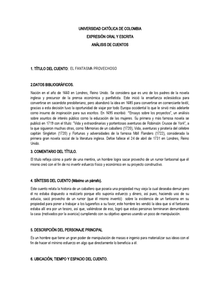 Formato Análisis de Cuentos | PDF | Daniel Defoe
