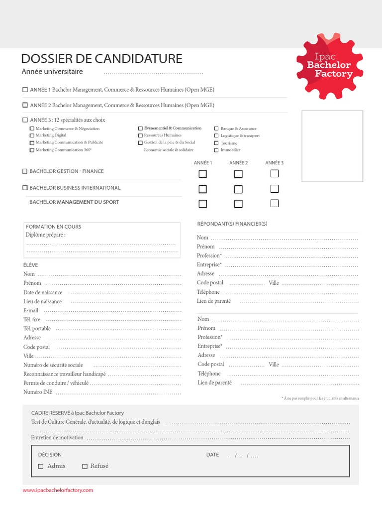 Ipac Bachelor Factory - Dossier de Candidature Modifiable | PDF ...