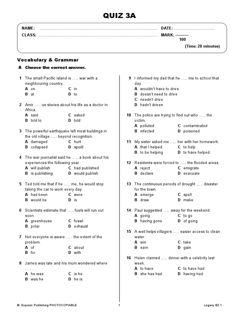 05 Legacy B2 - 1 Quiz 3A | Download grátis PDF | Disasters | Hazards
