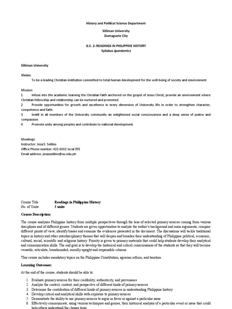 GE 2 Readings in Philippine History Syllabus | PDF | Philippines | Manila