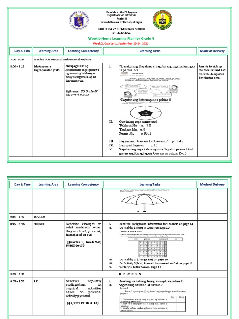 Weekly Home Learning Plan For Grade 4: Learning Area Learning ...