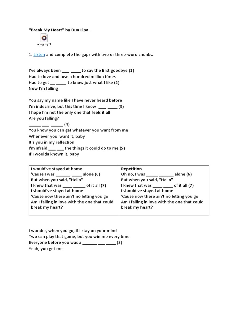 Break My Heart: Dua Lipa Lyrics Worksheet | PDF