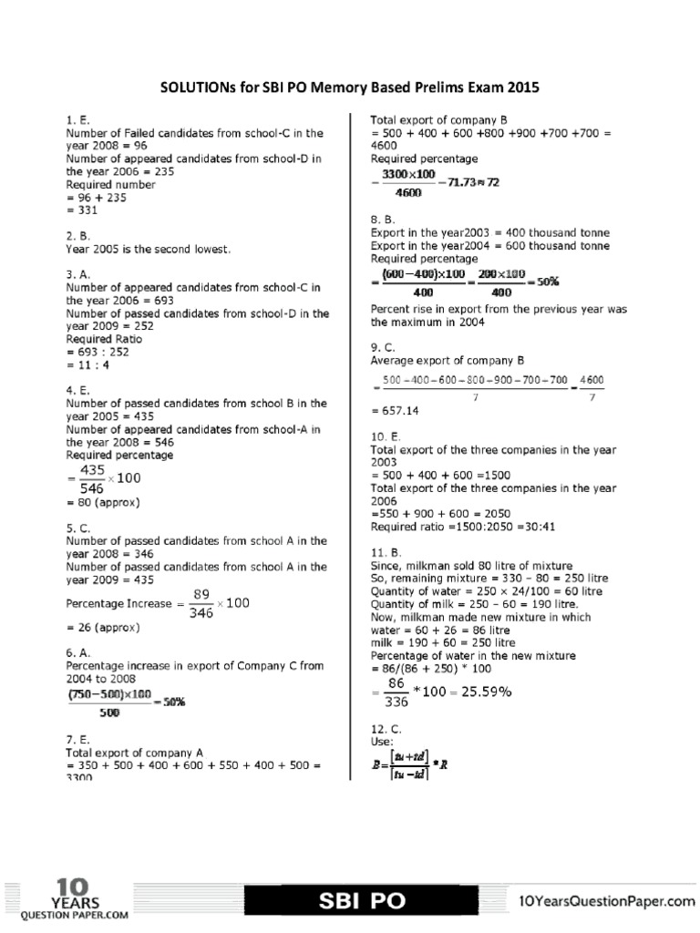 SBI PO Memory Based Preliminary Exam Paper 2015 Solutions | PDF