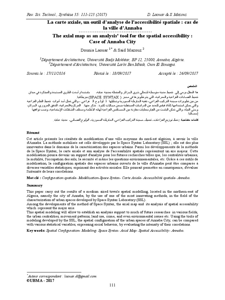 The Axial Map As An Analysis' Tool For The Spatial Accessibility: Case ...