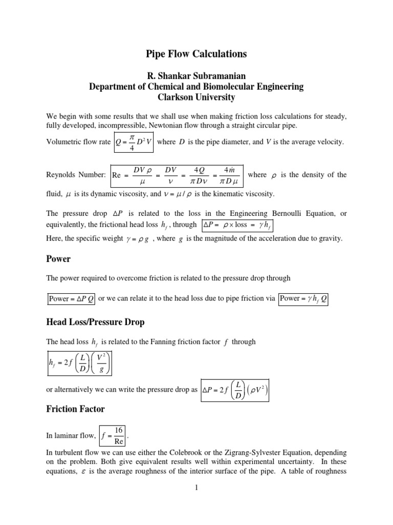 Pipe Flow Calculations | PDF | Reynolds Number | Fluid Dynamics