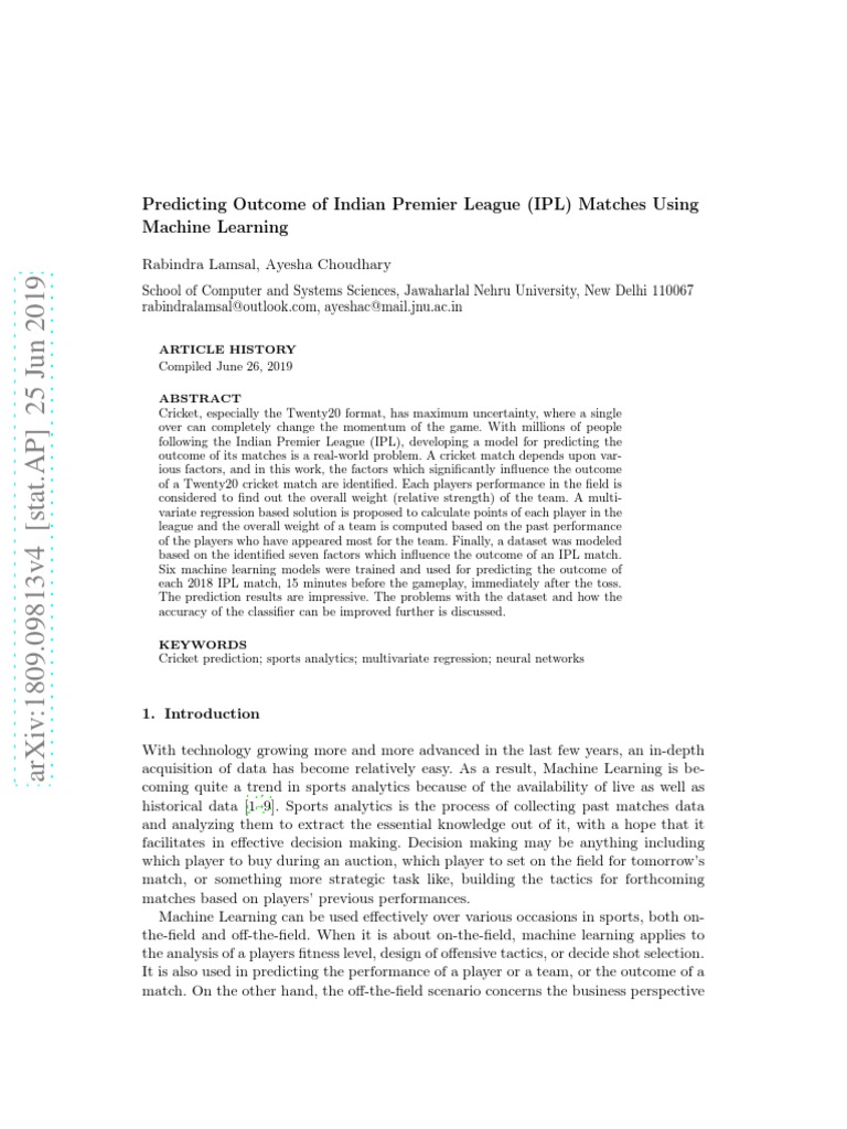 Predicting Outcome of Indian Premier League (IPL) Matches Using Machine ...