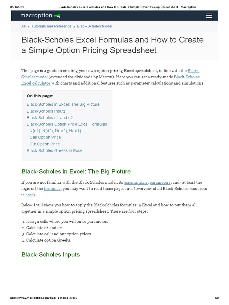 Black-Scholes Excel Formulas and How To Create A Simple Option Pricing Spreadsheet - Macroption ...