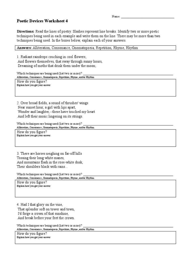 Poetic Devices Worksheet 04 | PDF | Poetry | Rhyme