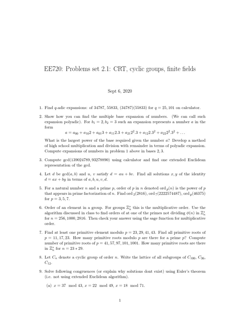 EE720: Problems Set 2.1: CRT, Cyclic Groups, Finite Fields: Sept 6 ...
