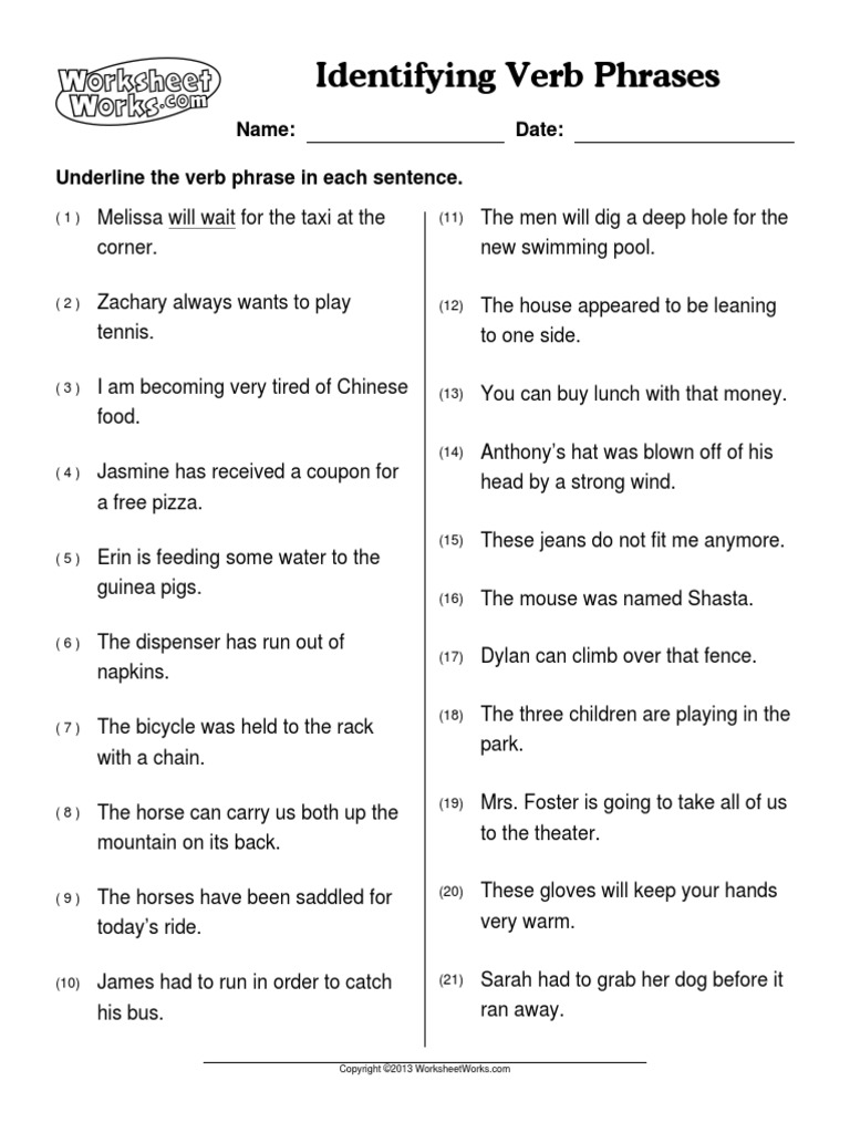 Verb Phrases With Answer Key | PDF | Syntax | Grammar