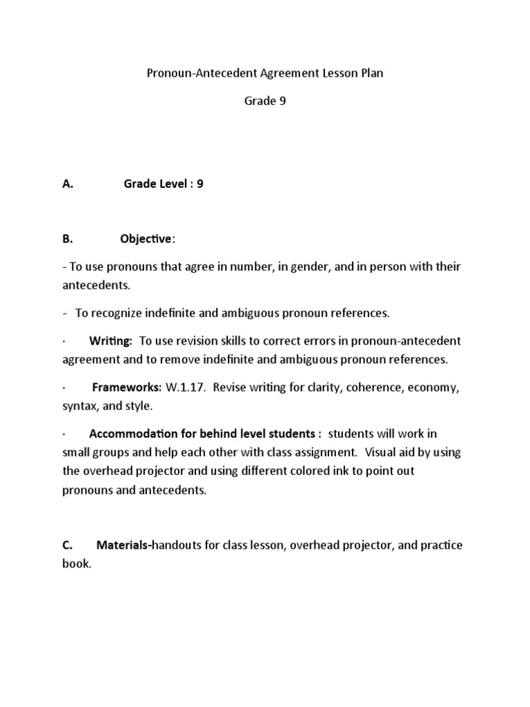 Pronoun-Antecedent Agreement Lesson | PDF | Pronoun | Grammatical Number