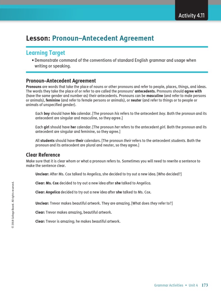 Unit 4 Pronoun Antecedent Agreement - Teacher | PDF | Grammatical ...