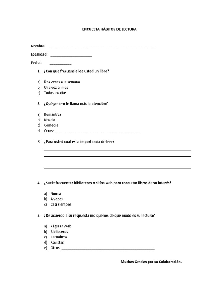 Encuesta Hábitos de Lectura | PDF