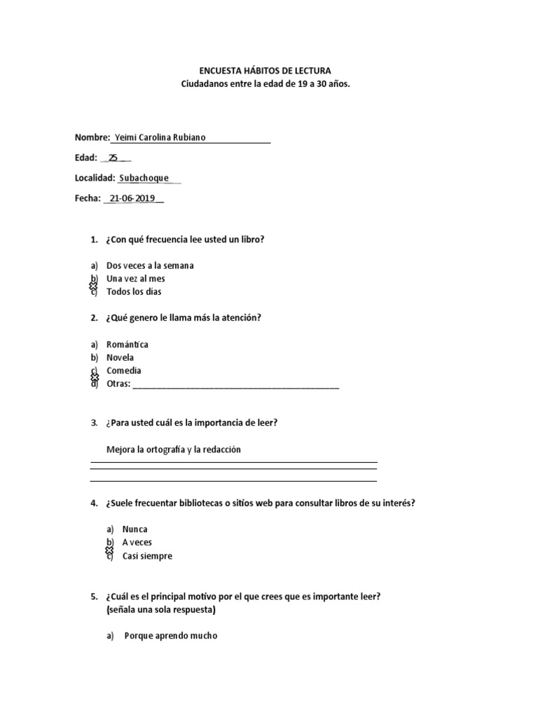 Encuesta Hábitos de Lectura Y | PDF | Artes del Lenguaje y Comunicación ...