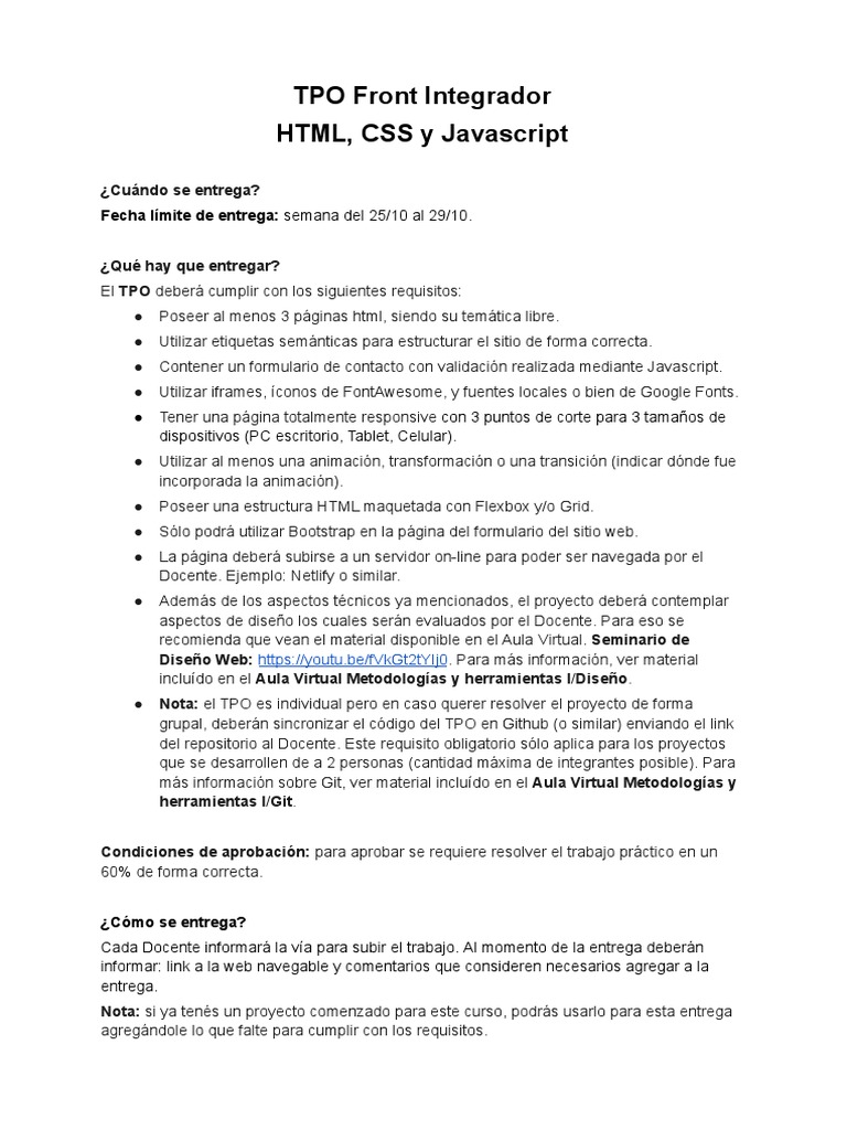 TPO Front Integrador HTML CSS Javascript | PDF