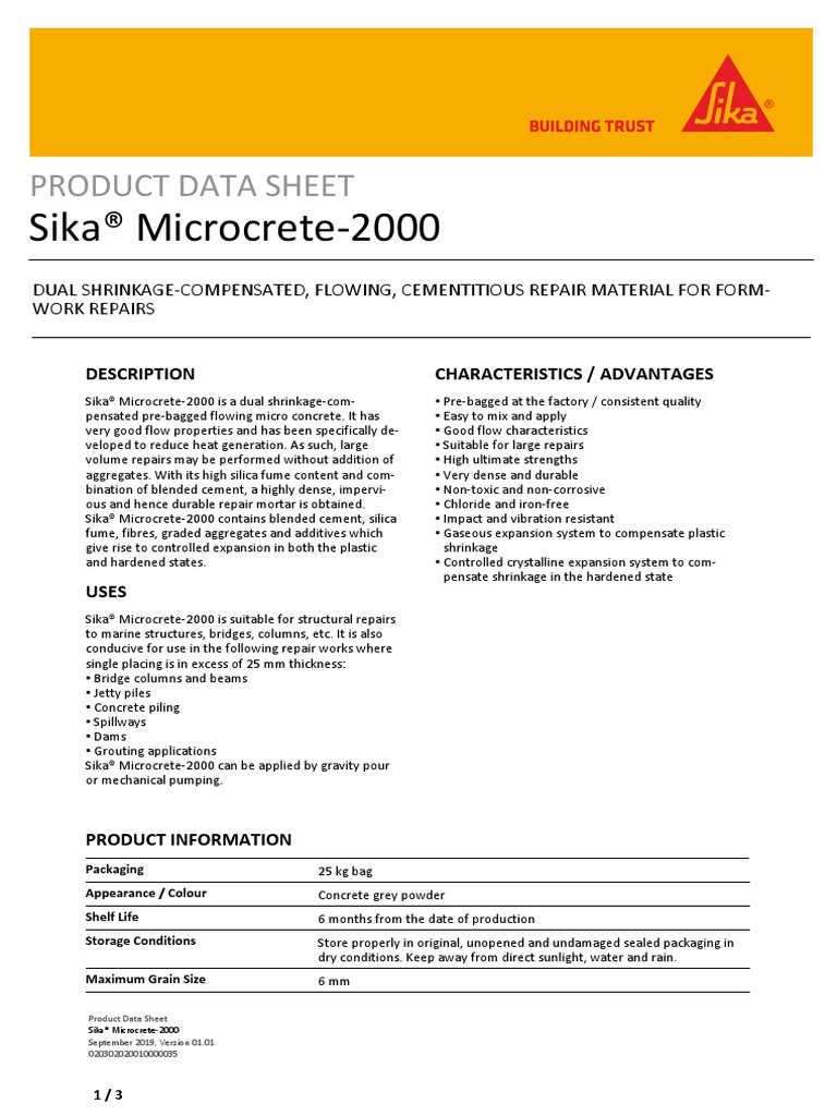 Sika® Microcrete-2000: Product Data Sheet | PDF | Concrete | Cement
