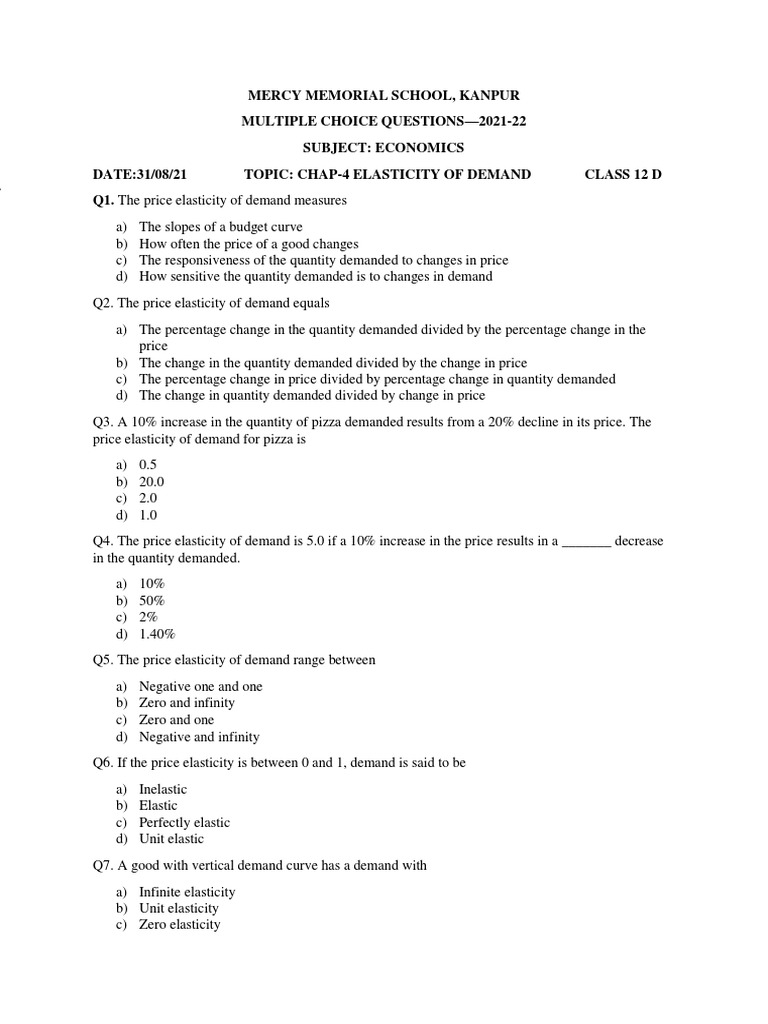 MCQ'S Economics Chapter 4 Elasticity of Demand | PDF | Price Elasticity ...
