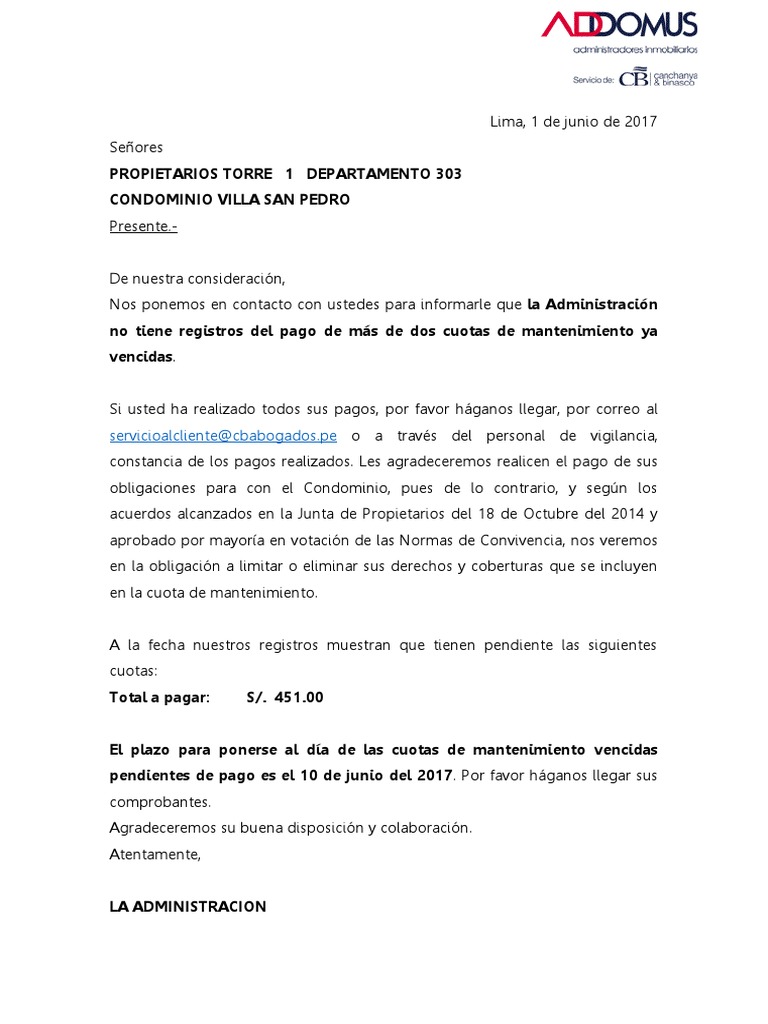 Carta A Morosos 01-06-17 | PDF | Condominio