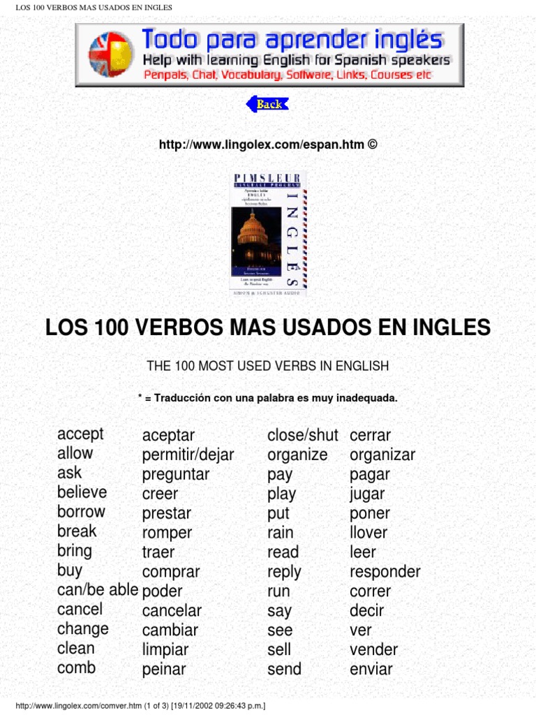 Los 100 Verbos Mas Usados en Ingles | PDF | Artes del Lenguaje y ...