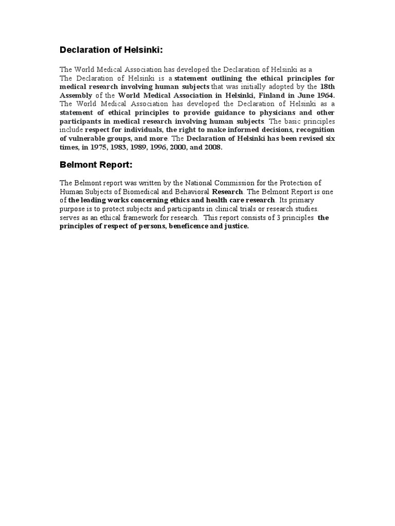 Declaration of Helsinki:: Principles of Respect of Persons, Beneficence ...