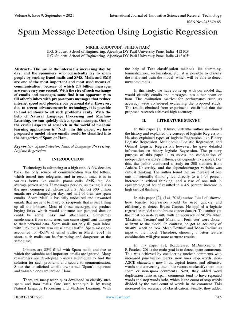 Spam Message Detection Using Logistic Regression | PDF | Statistical Classification | Machine ...