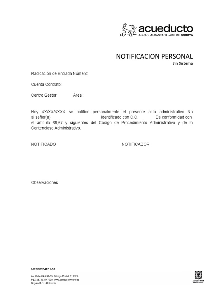MPFD0204F01-01 Notificación Personal Sin Sistema | PDF