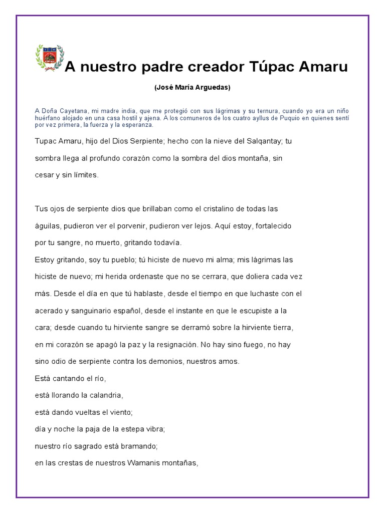 A Nuestro Padre Creador Túpac Amaru-Comp. Lectora | PDF | Amor