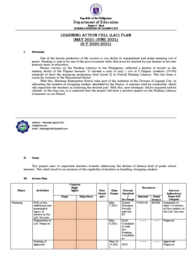 Department of Education: Learning Action Cell (Lac) Plan (MAY 2021-JUNE ...