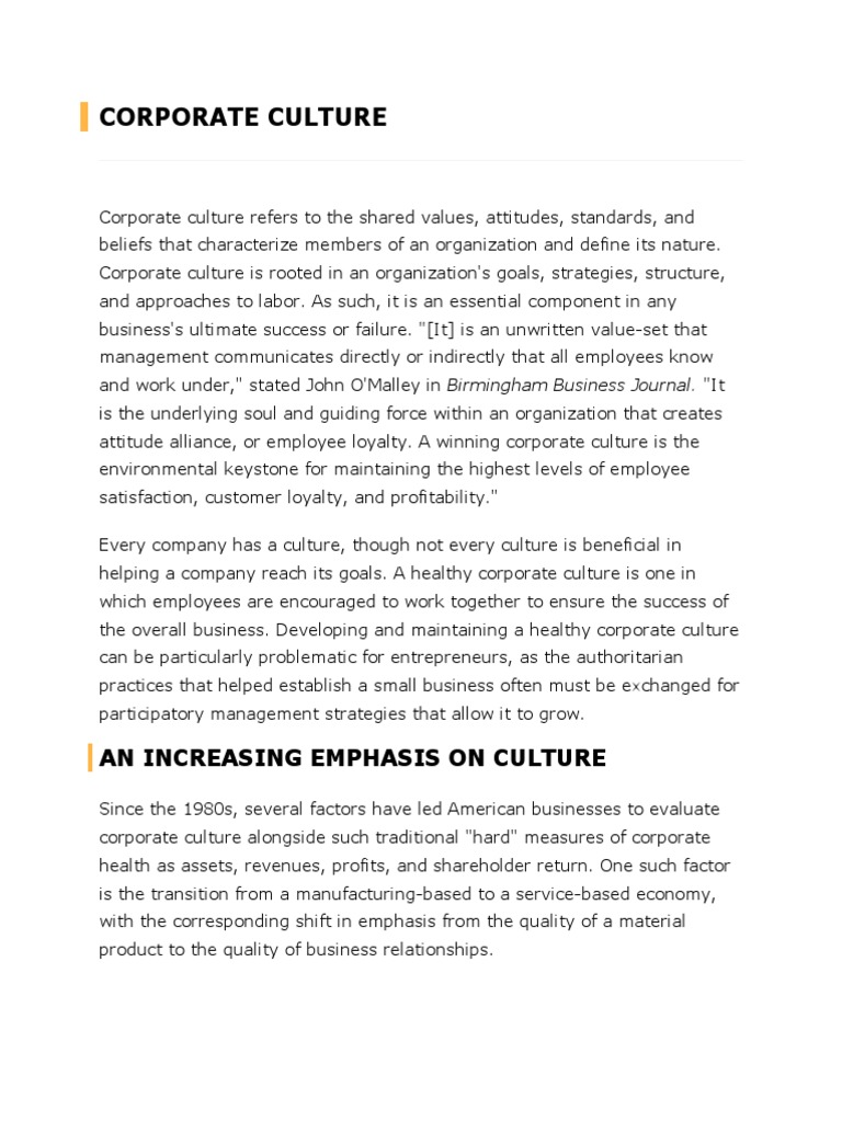 Corporate Culture: An Increasing Emphasis On Culture | PDF ...