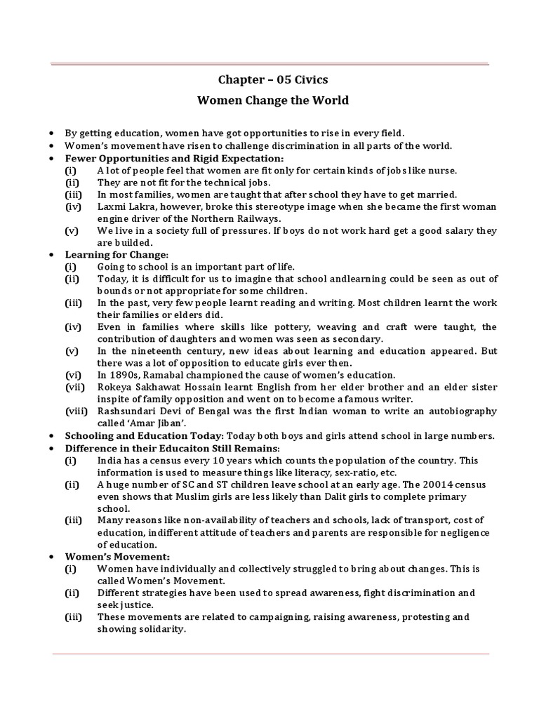 Chapter - 05 Civics Women Change The World: Fewer Opportunities and ...