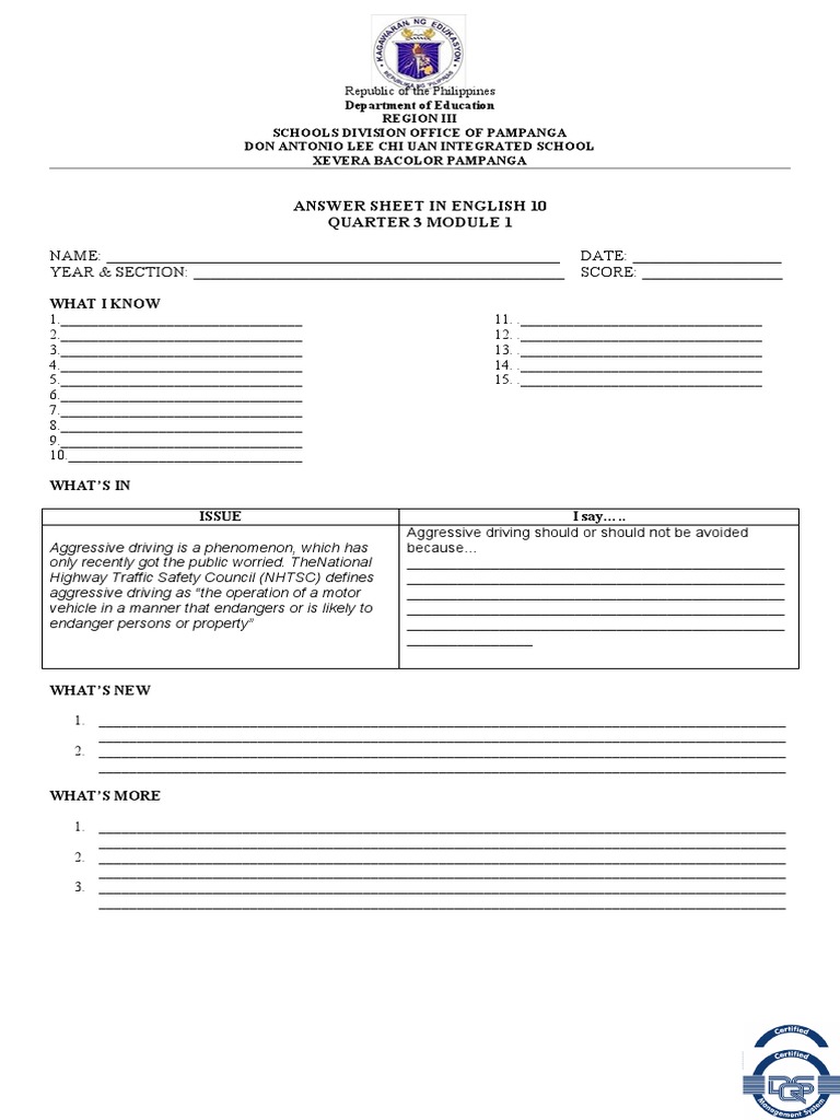 Answer Sheet in English 10 Week 1 | PDF | Driving | Transportation ...