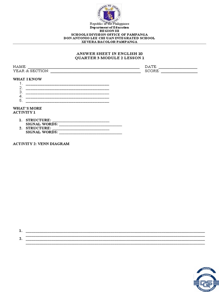 Answer Sheet in English 10 Quarter 3 Module 2 Lesson 1 | PDF | Career ...