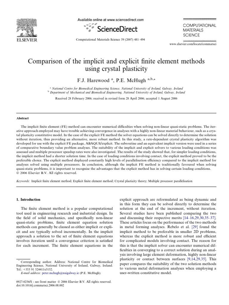 Comparison Of The Implicit And Explicit Finite Element Methods Using