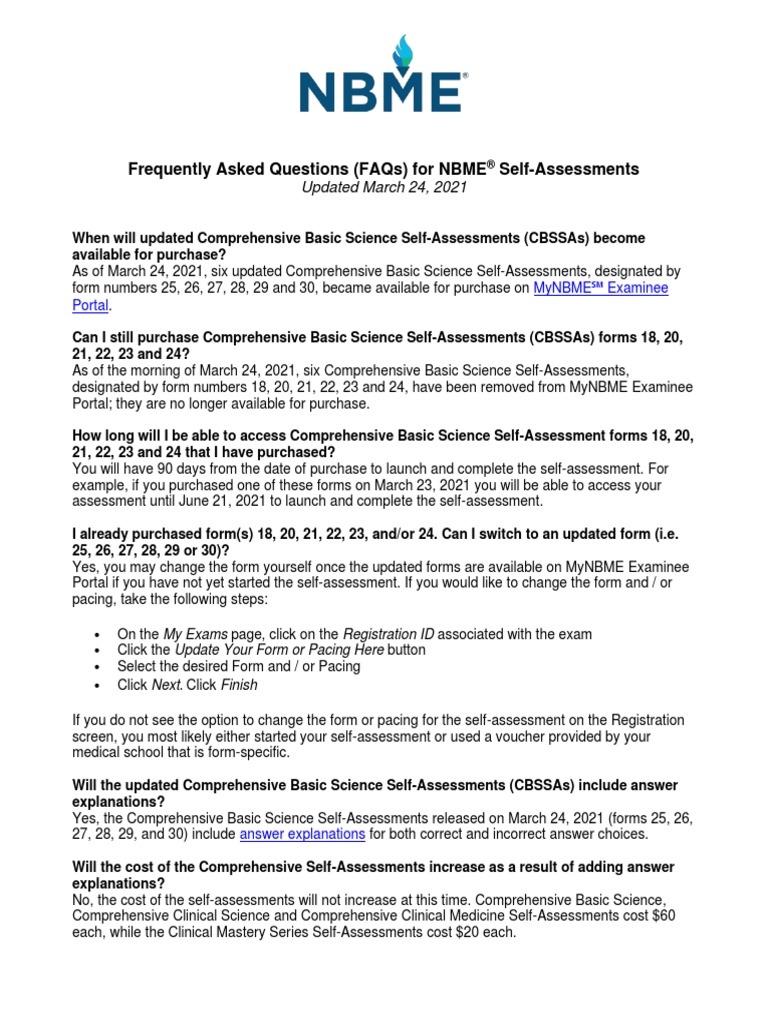 Frequently Asked Questions (Faqs) For Nbme Self-Assessments: Updated ...