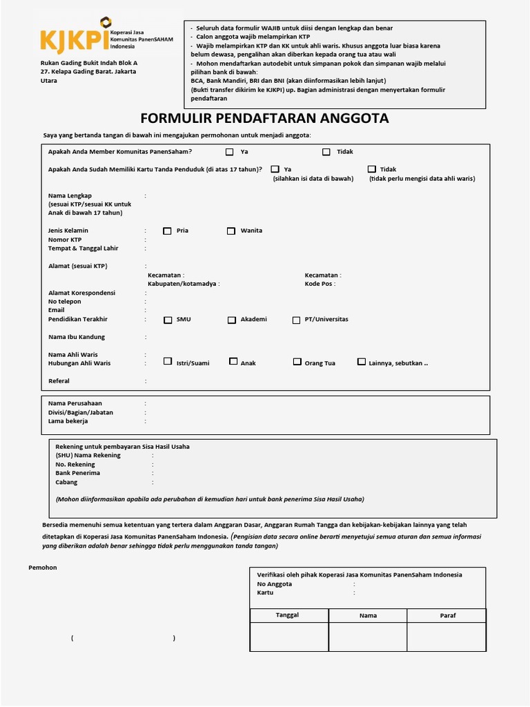 Formulir Pendaftaran Anggota Koperasi | PDF
