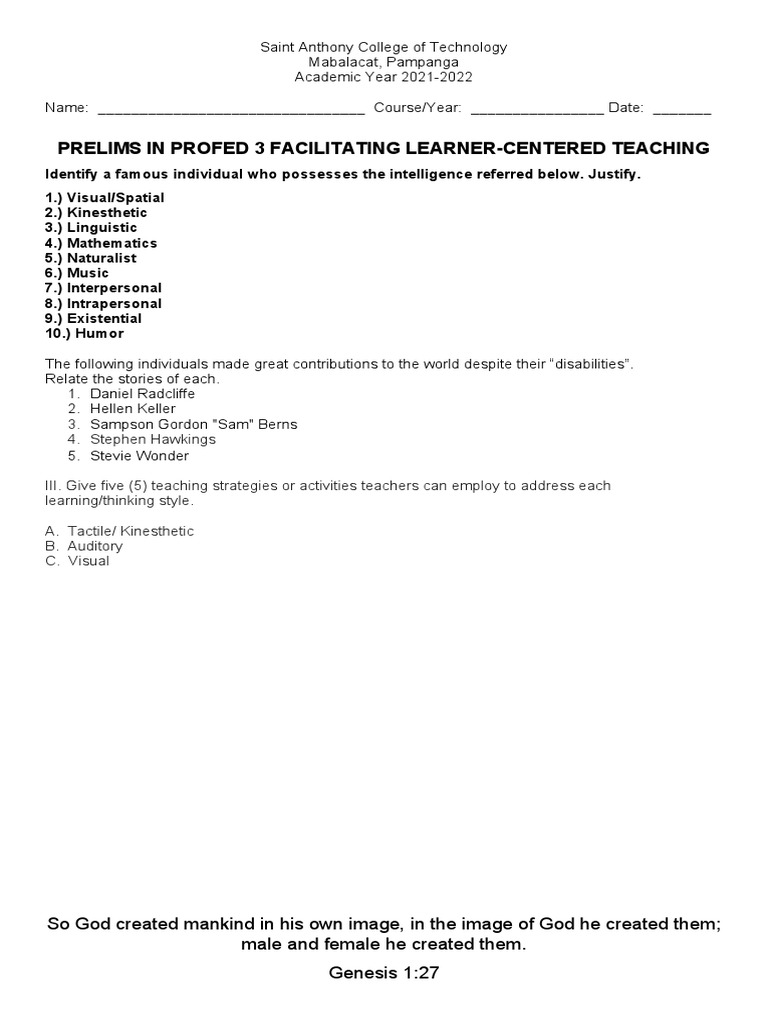 Prelims in Profed 3 Facilitating Learner-Centered Teaching | PDF