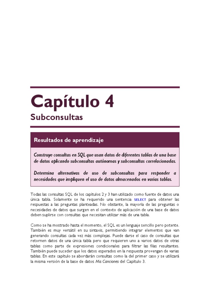 Capítulo 4 - Subconsultas | PDF | SQL | Bases de datos