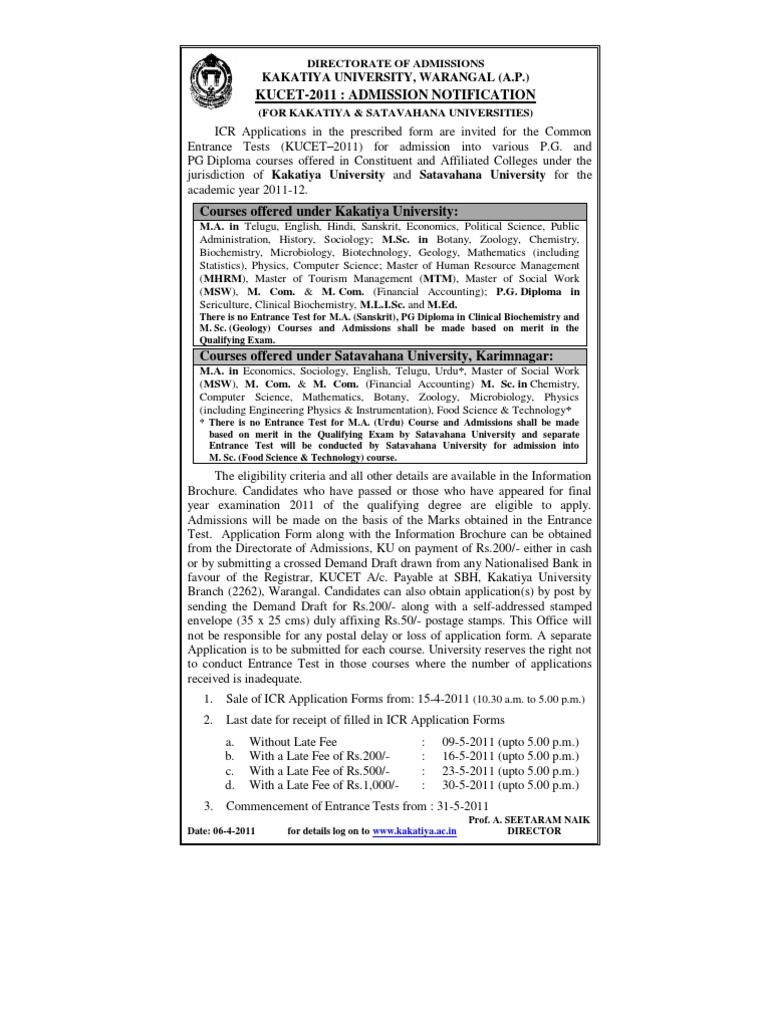 KUCET 2011 Admission Notification | PDF | Science & Mathematics