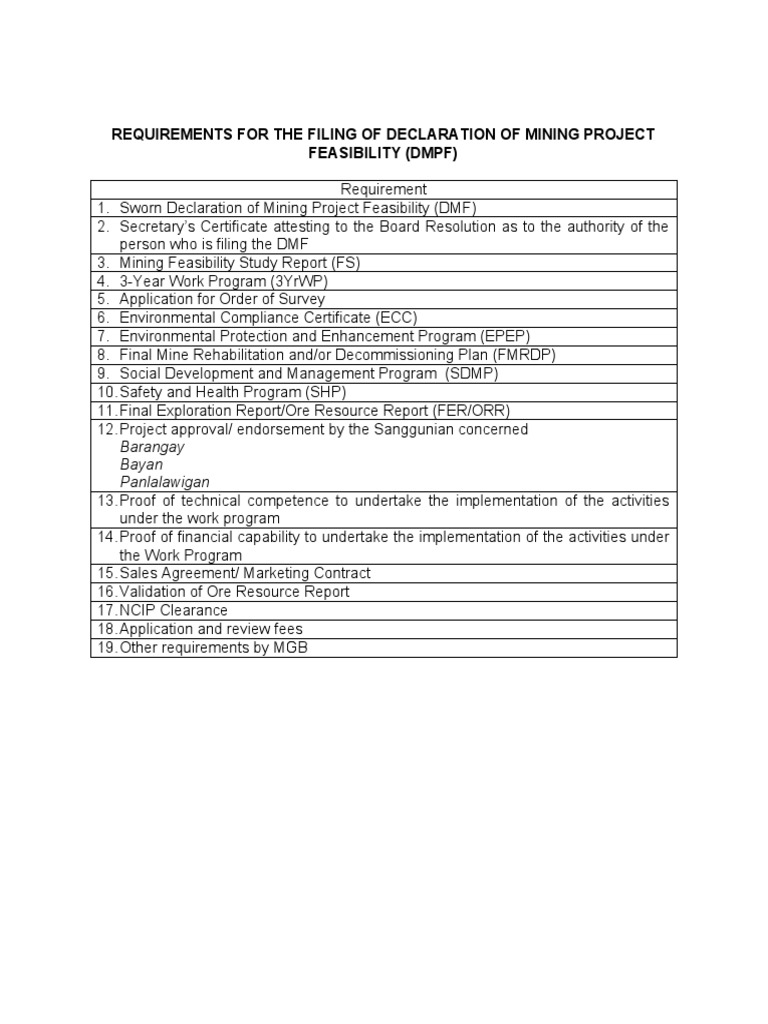 Requirements for Filing a Declaration of Mining Project Feasibility: An ...