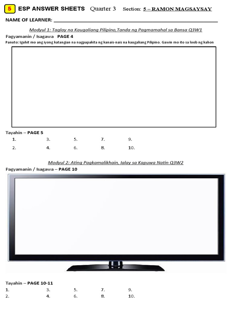 5 Esp Answer Sheets Quarter 3 | PDF
