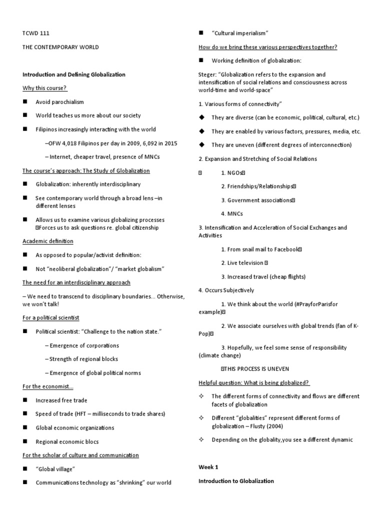TCWD 111 Reviewer Prelims | PDF | Globalization | World Systems Theory