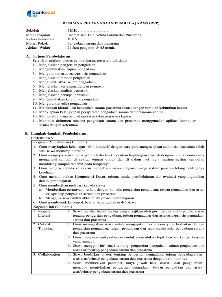 RPP KD 11 Otk Sarpras Kelas Xii SMK Semester Ganjil Tahun 2021 2022 Bank-Soal - Id | PDF