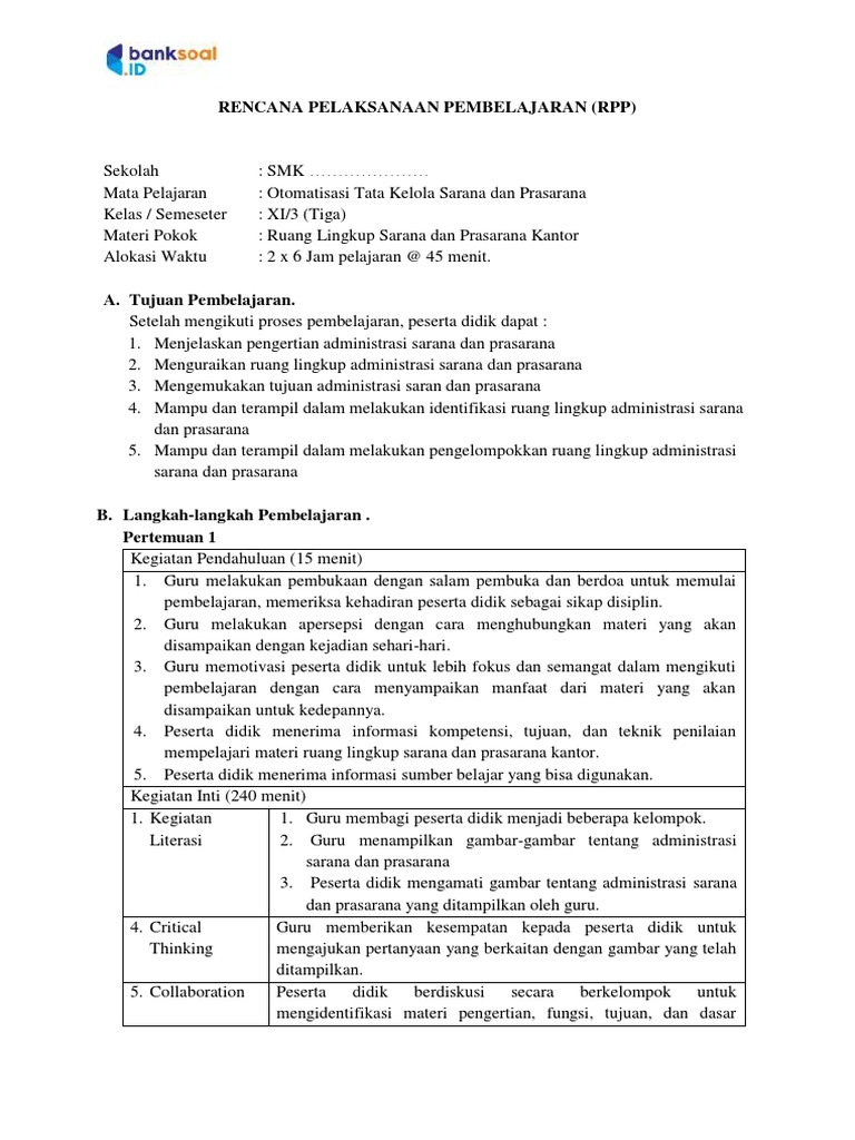 RPP KD 1 OTK SARPRAS KELAS XI SMK SEMESTER GANJIL TAHUN 2021 2022 Bank-Soal - Id | PDF