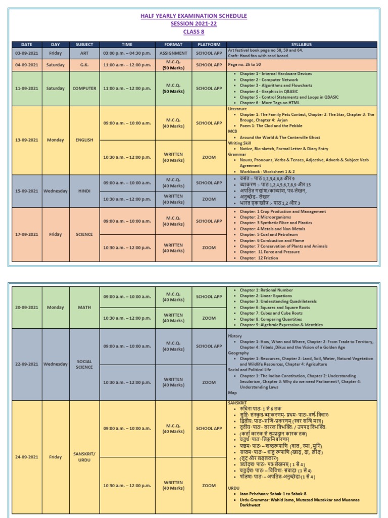 Class 8 Half Yearly Exam Schedule & Syllabus | PDF | Verb | Linguistic ...