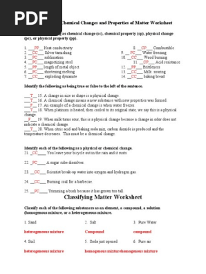 Chemical And Physical Propertieschanges Worksheet Physical And