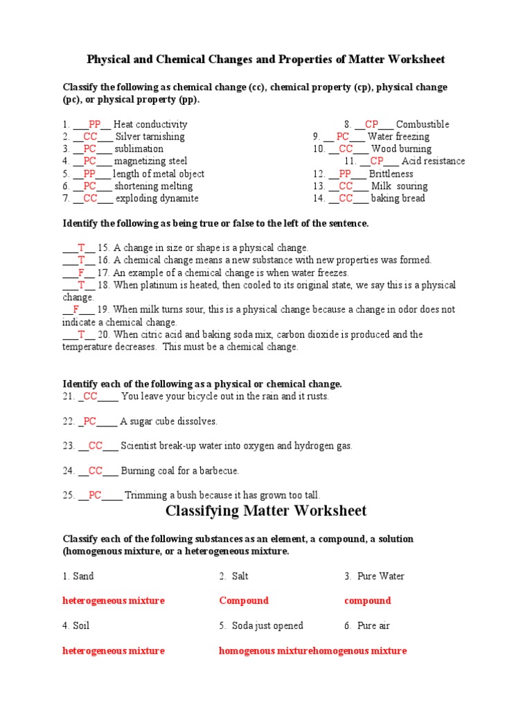Physical and Chemical Changes and Properties of Matter Worksheet | PDF ...