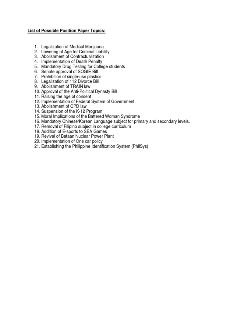 List of Possible Position Paper Topics | PDF