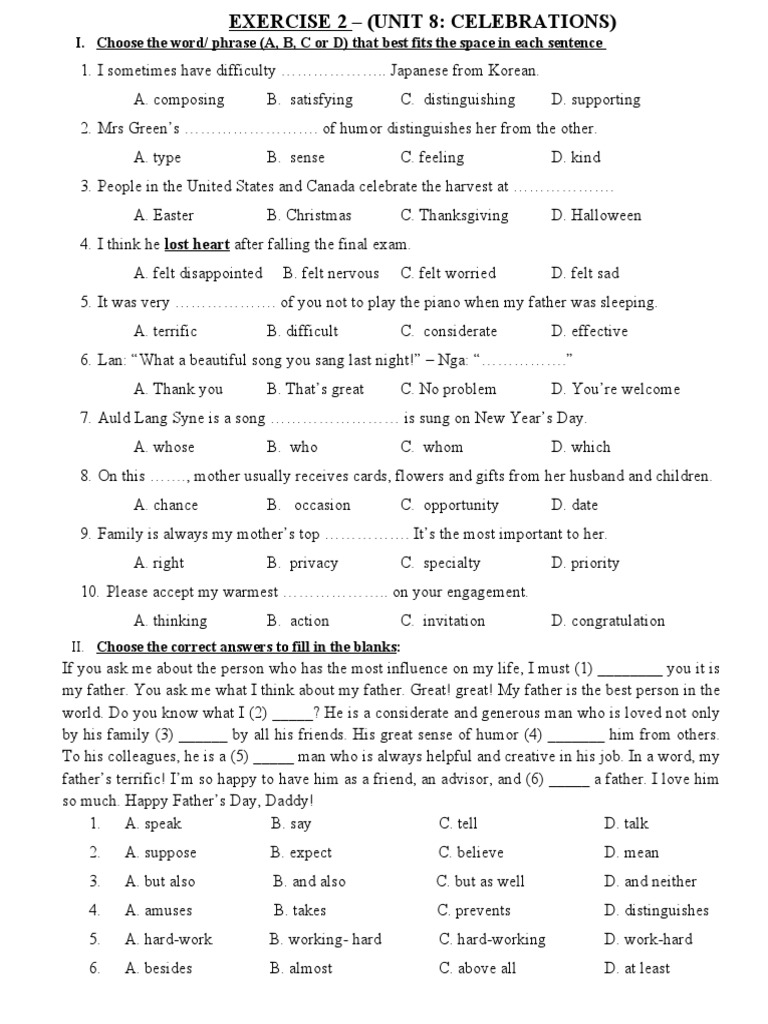 I. Choose The Word/ Phrase (A, B, C or D) That Best Fits The Space in Each Sentence | PDF