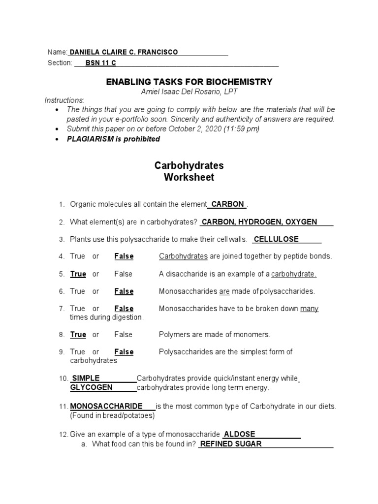 Biochemistry Worksheets on Carbohydrates and Lipids | PDF | Fat ...